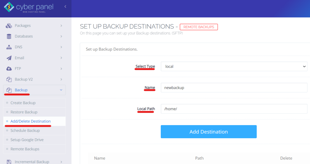 Add Destination: Scheduled Local/SFTP Remote Backups - Knowledge Base