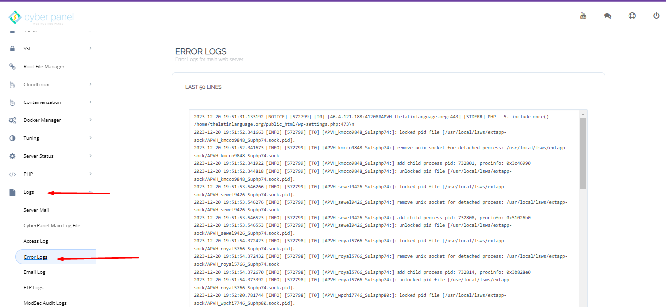 Logs Management CyberPanel - Knowledge Base