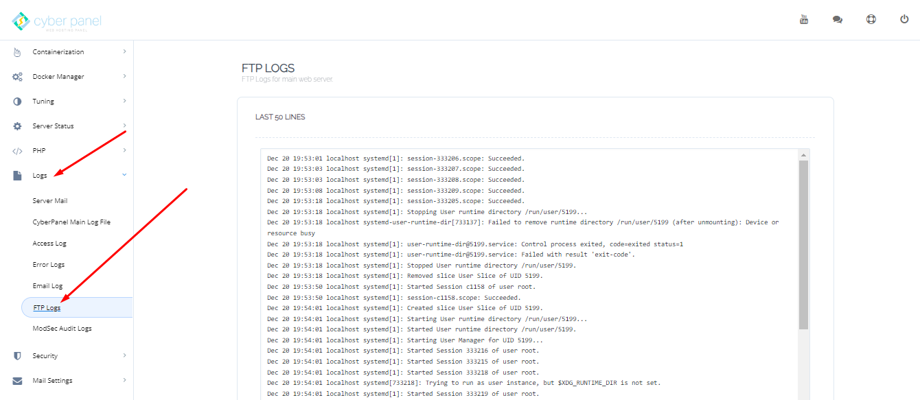 Logs Management CyberPanel - Knowledge Base